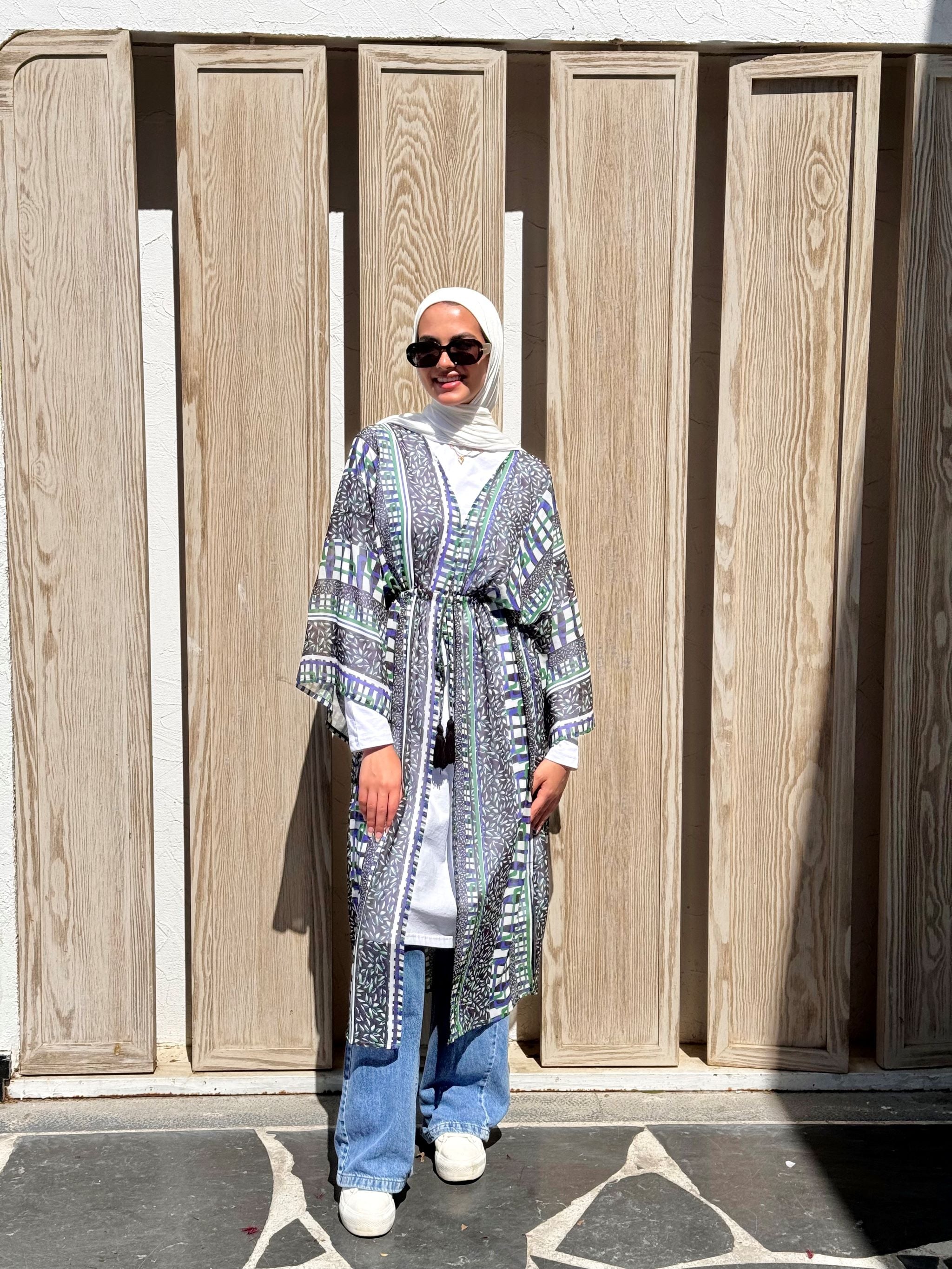 Chiffon Drawstring Kimono-Blue*Green – Hijab Boutique