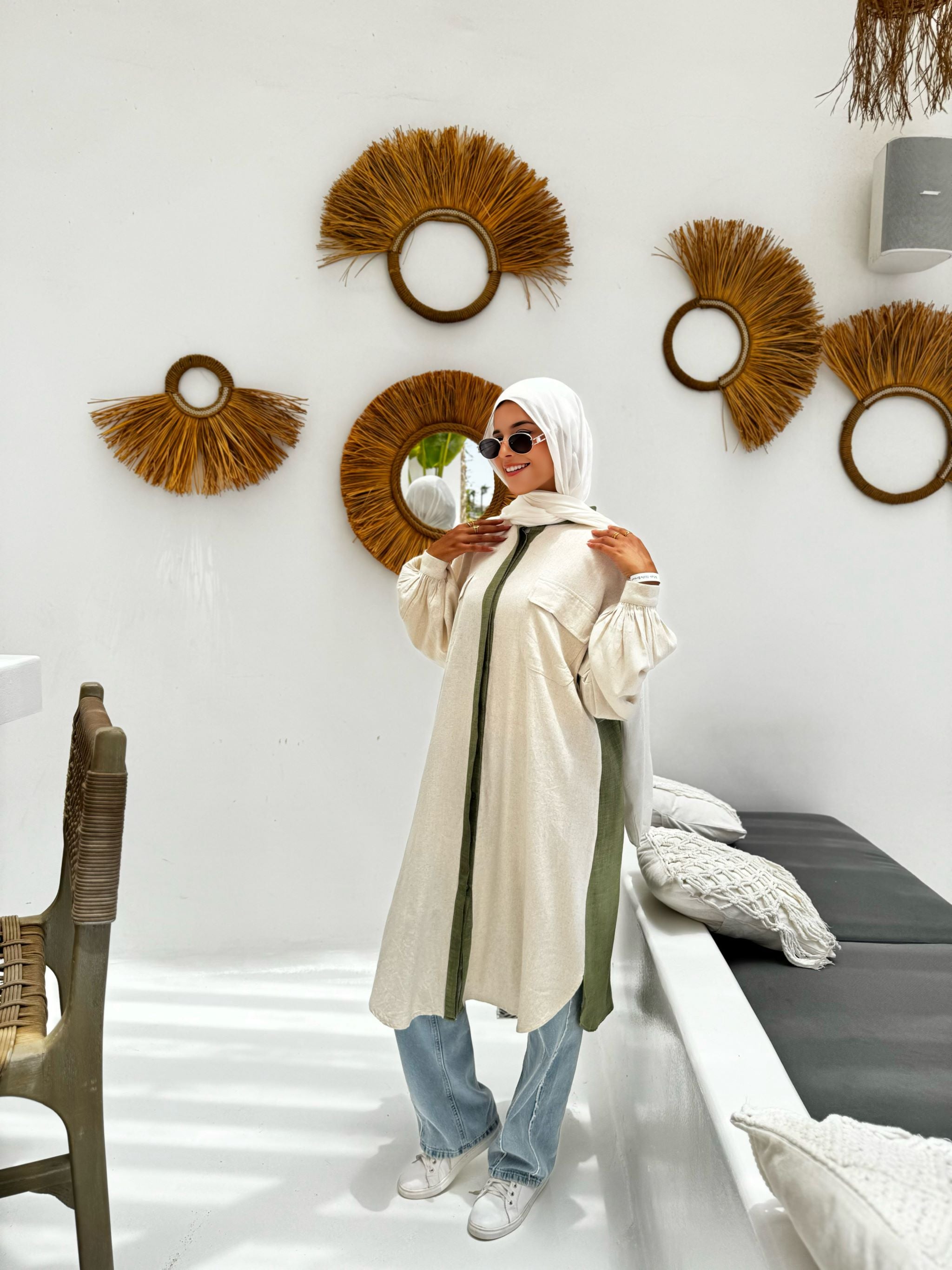 Color-Block Linen Blouse-Olive – Hijab Boutique