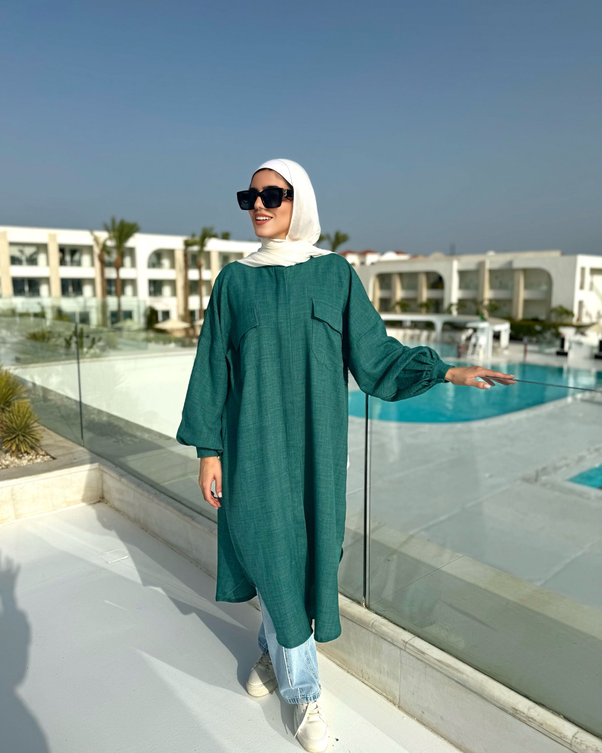 Color-Block Linen Blouse-Teal – Hijab Boutique