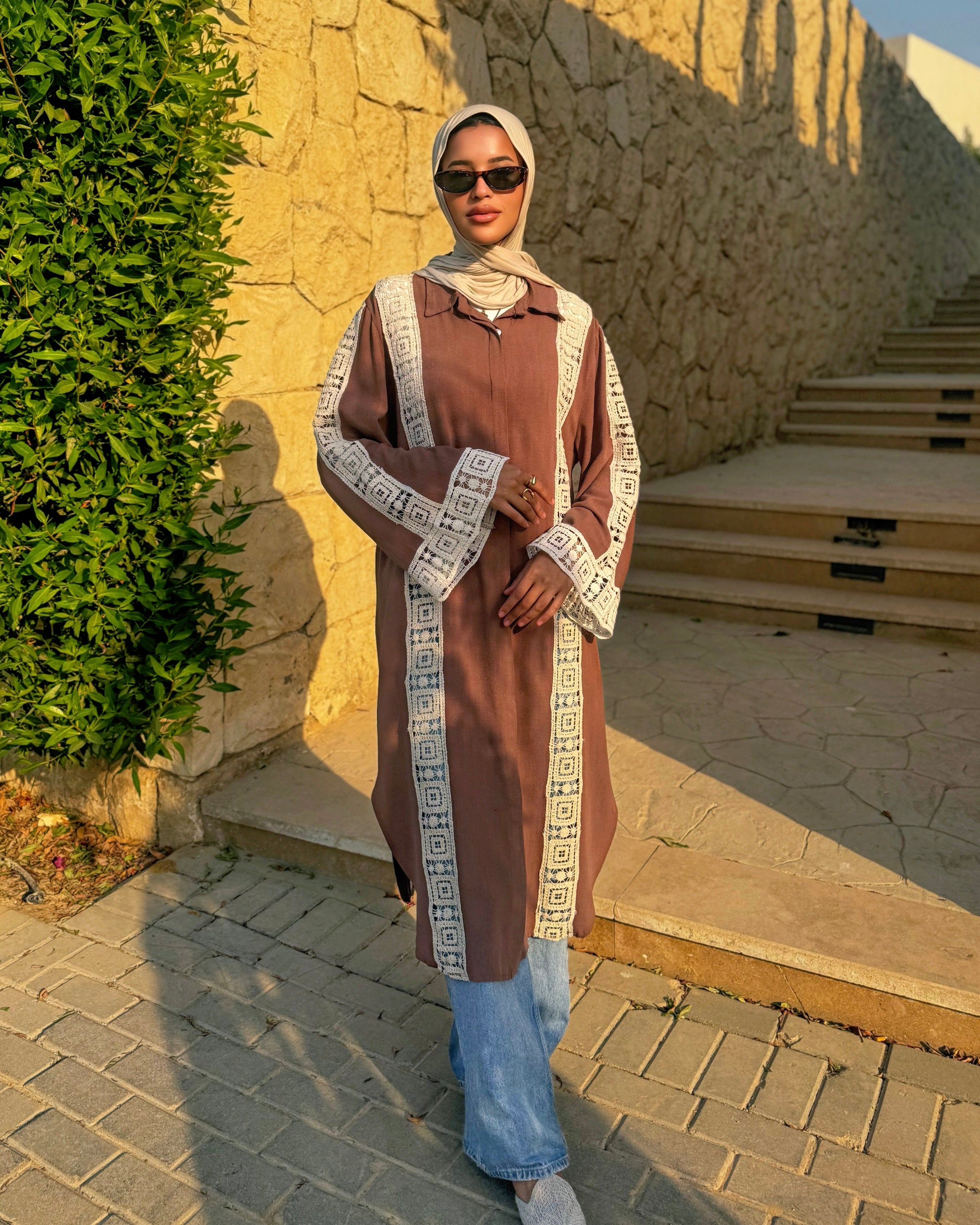 Linen With Lace Detail Shirt - Brown – Hijab Boutique