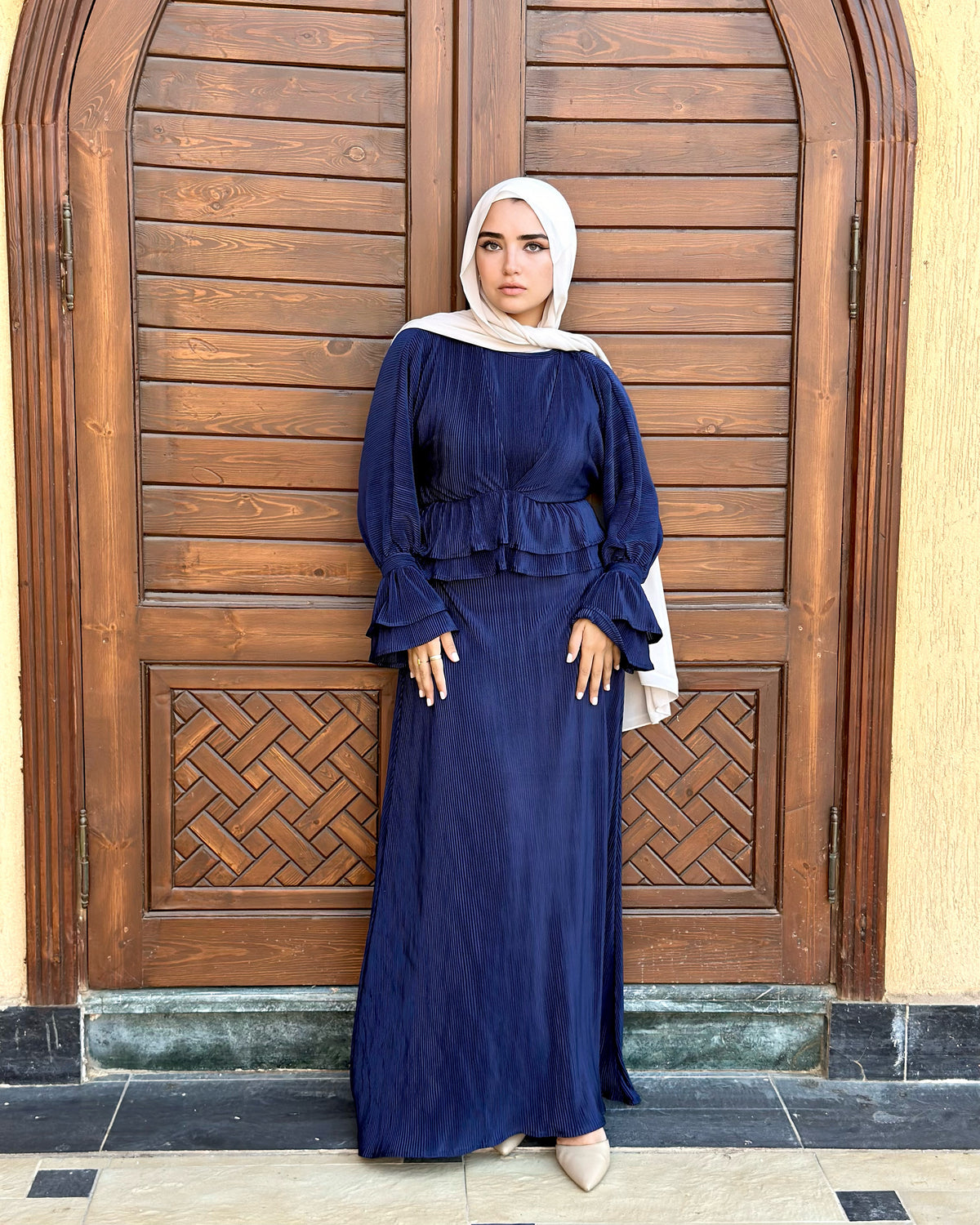 Evening Pleated Satin Dress-Dark Blue – Hijab Boutique
