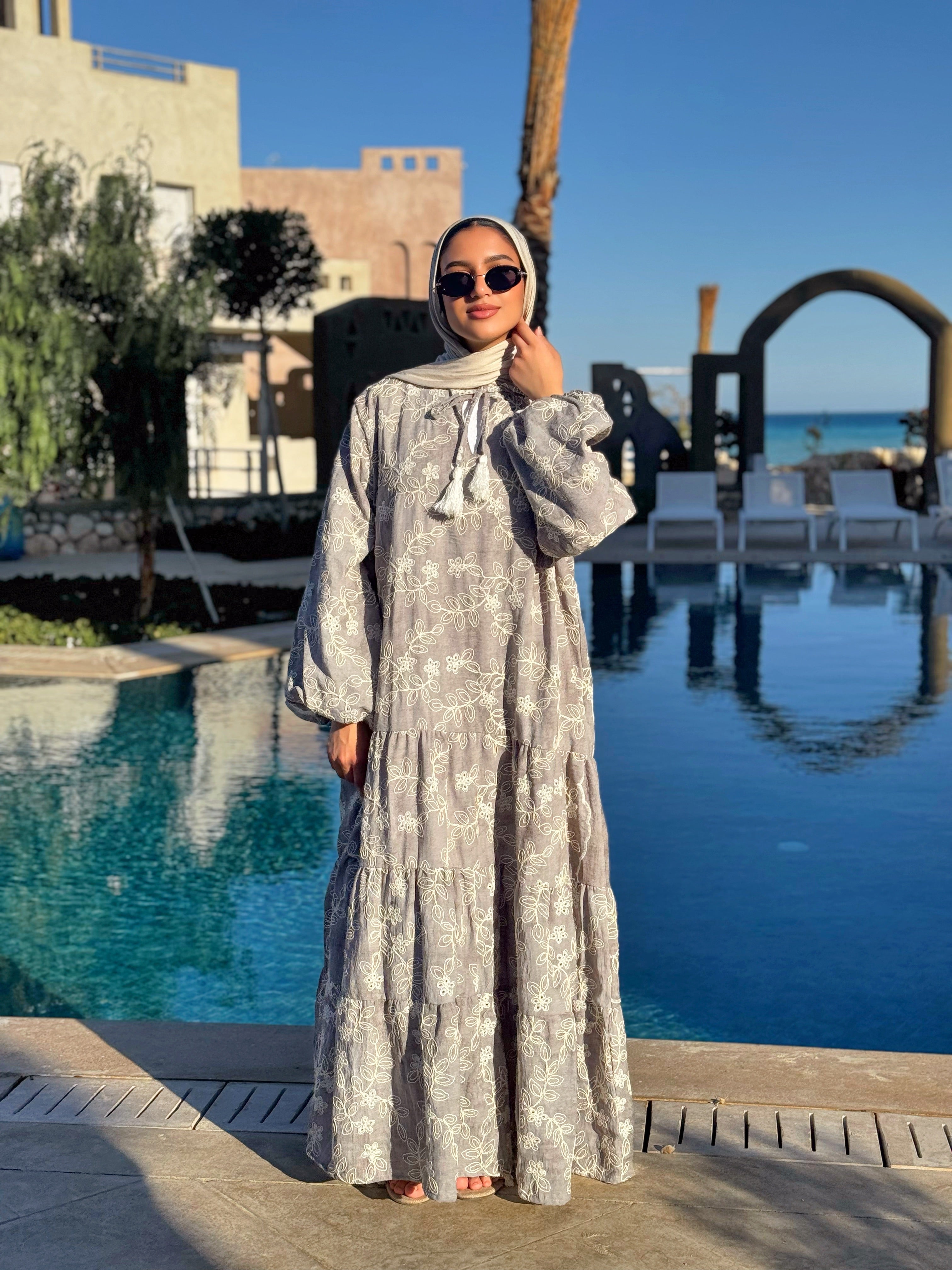 Colored Broderie Dress - Grey – Hijab Boutique