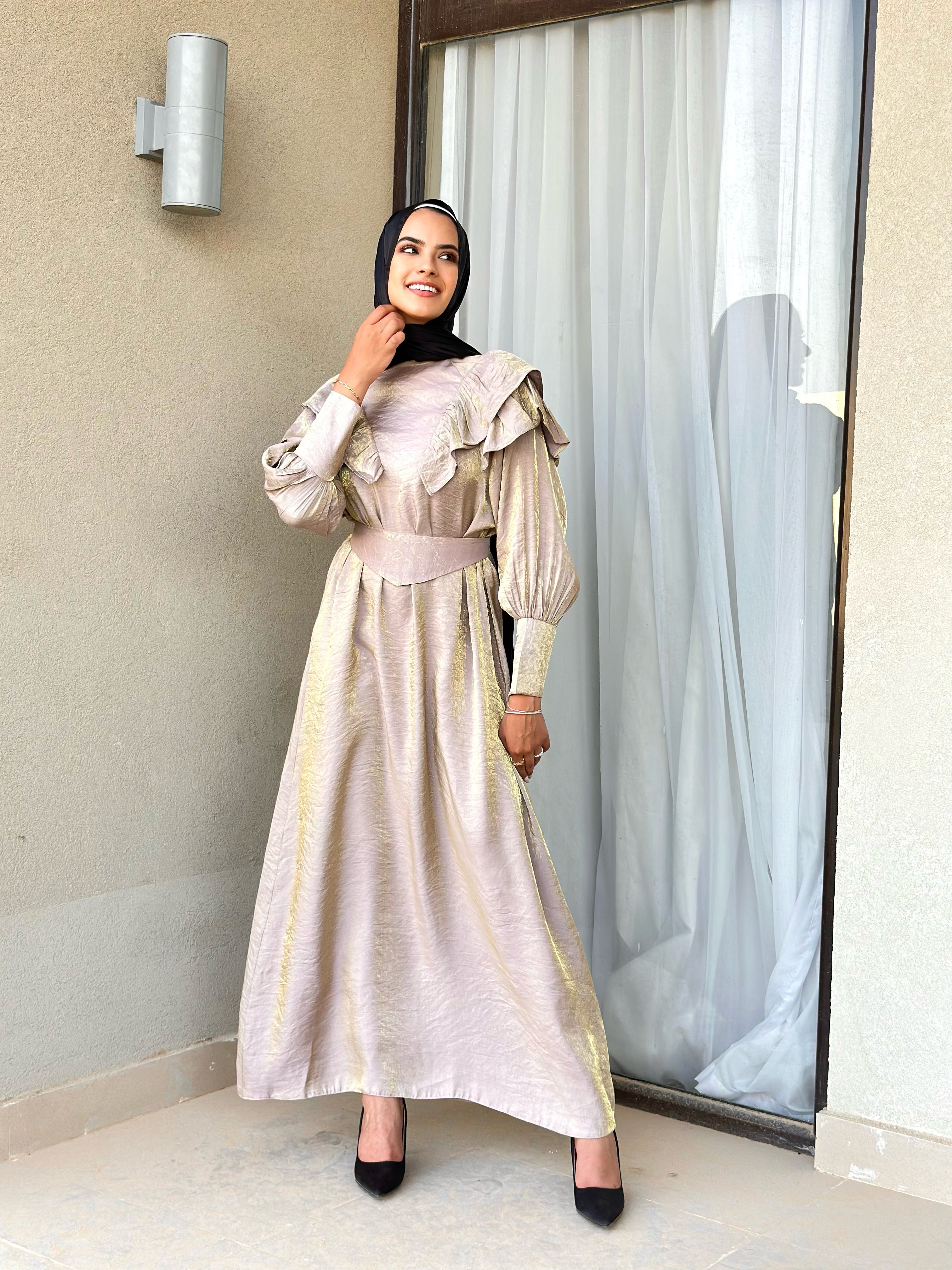 Ruffles Shimmer Dress-Beige – Hijab Boutique