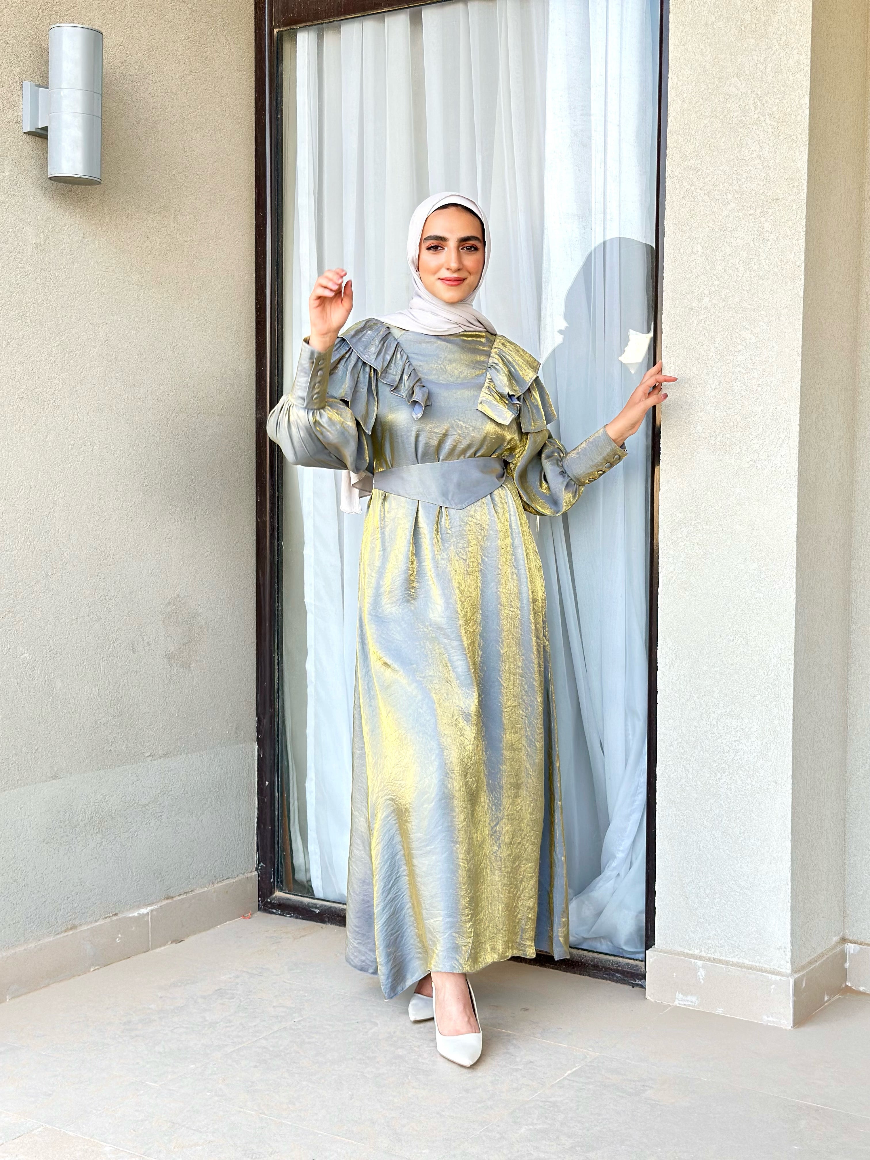 Ruffles Shimmer Dress-Olive – Hijab Boutique