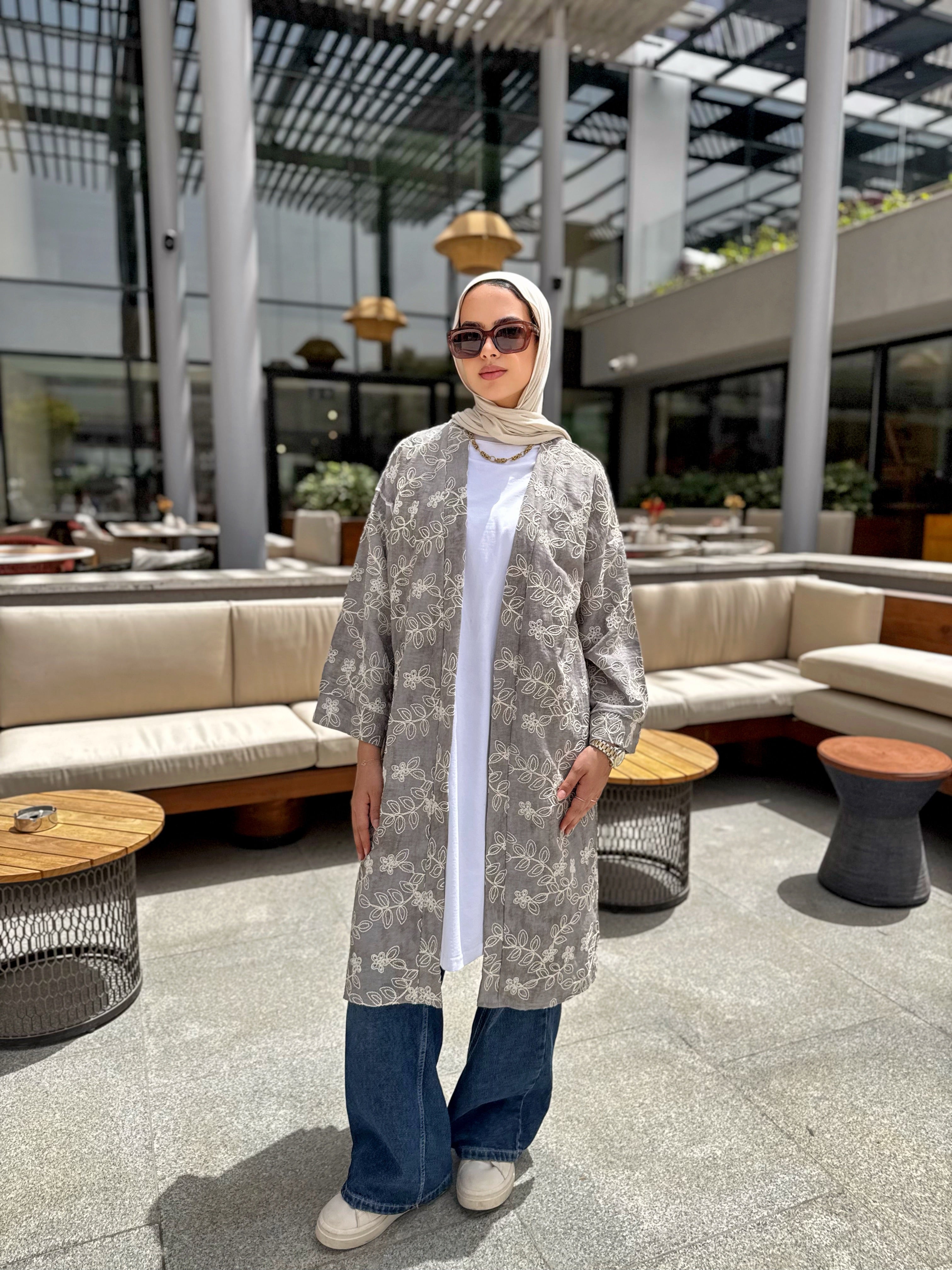Colored Broderie Kimono - Grey – Hijab Boutique