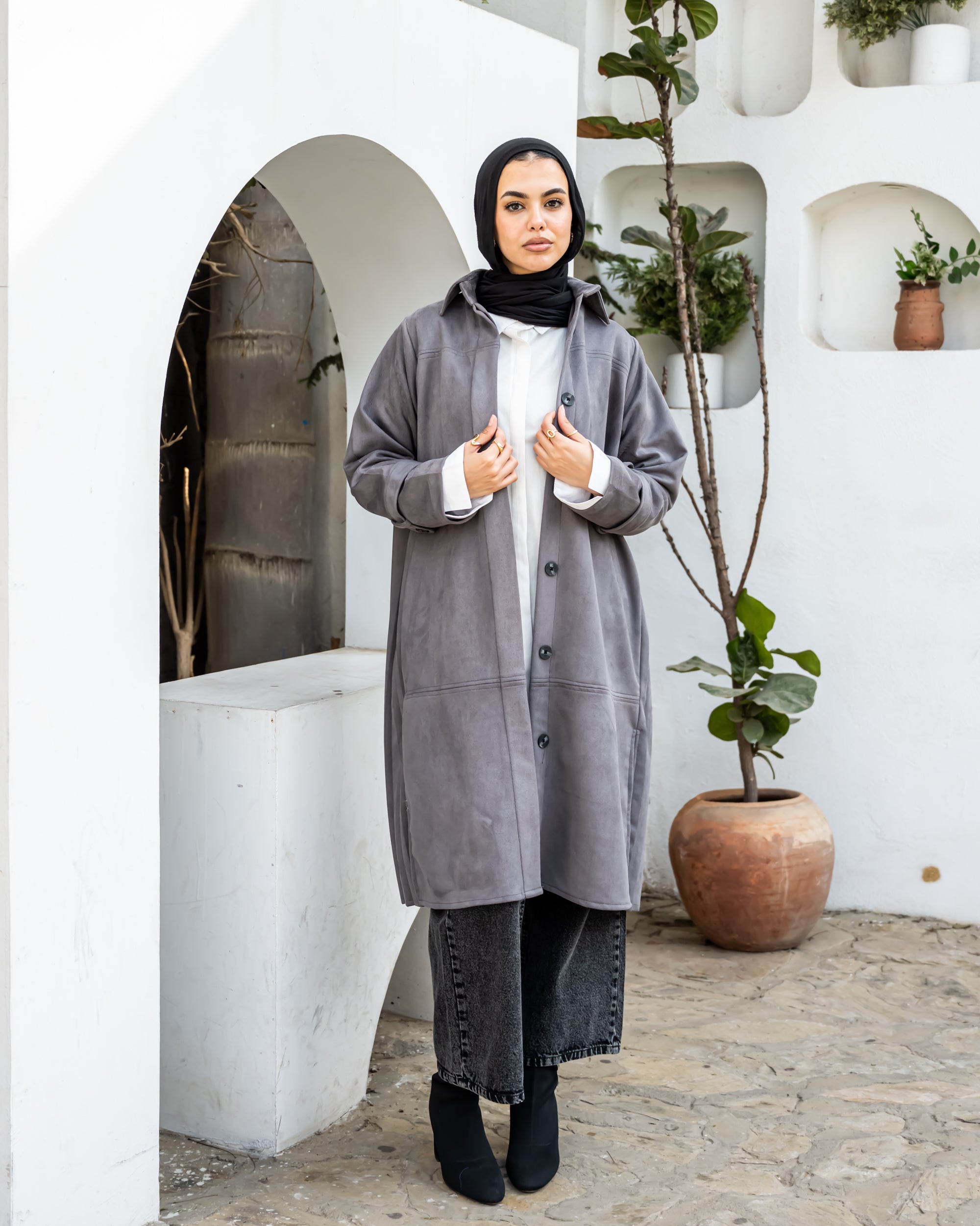 Pleated Back Suede Blouse - Grey – Hijab Boutique