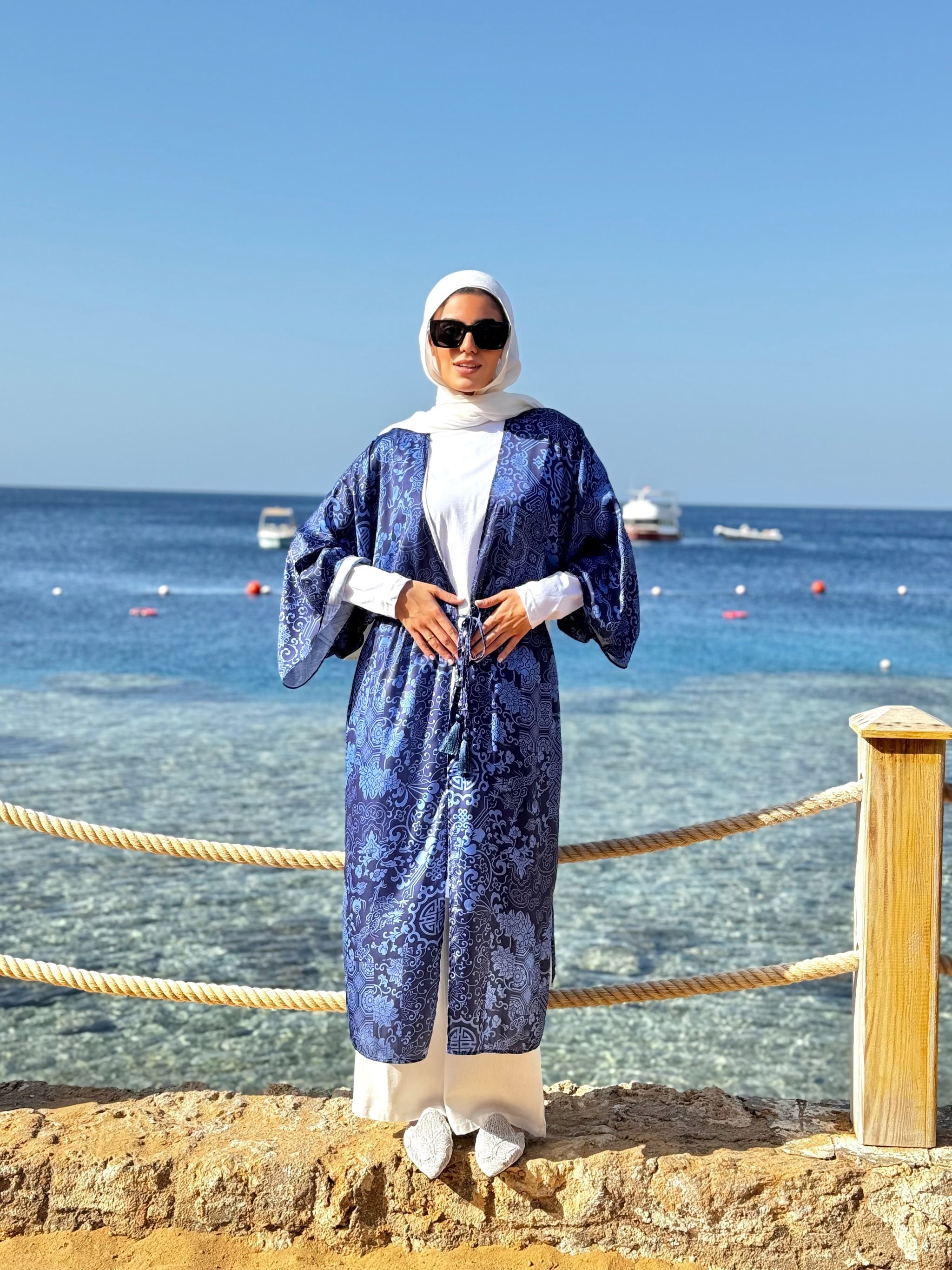 Satin Drawstring Kimono-Dark Blue – Hijab Boutique