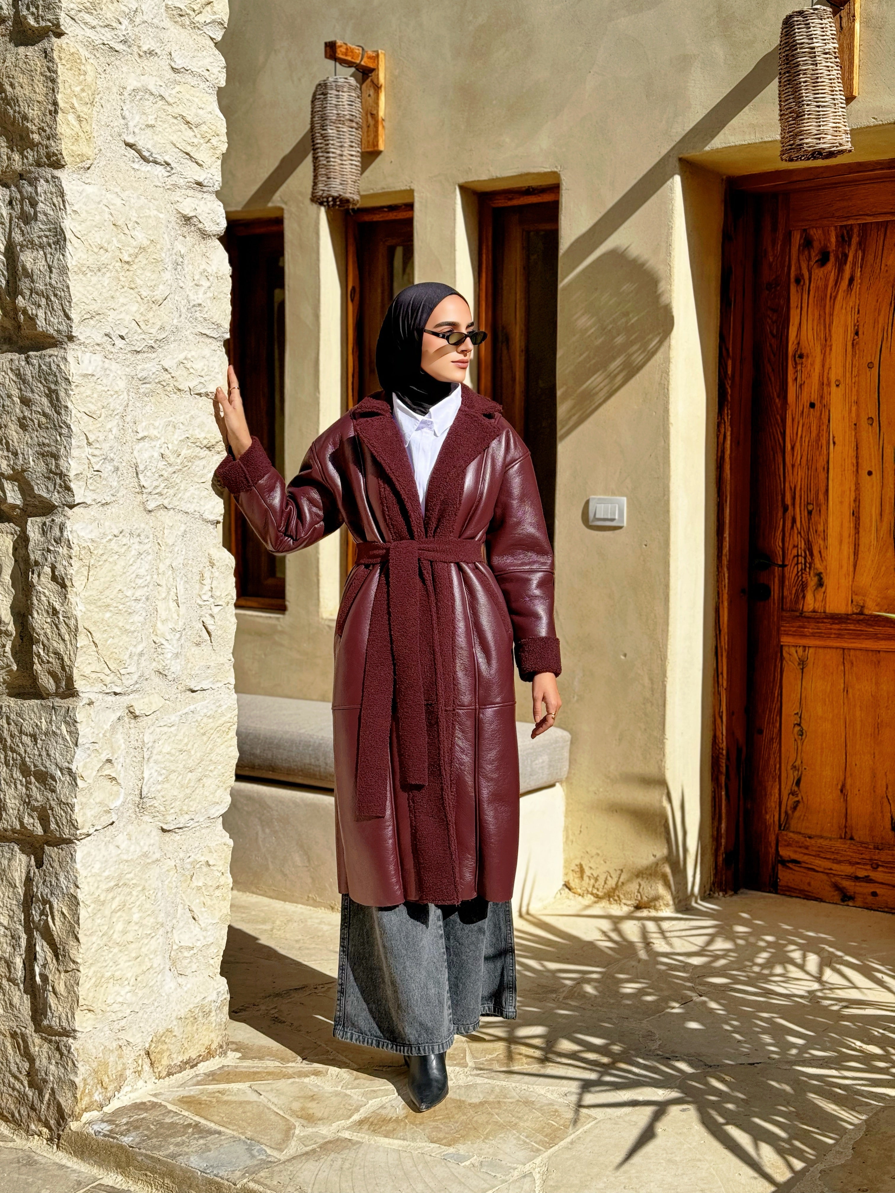 Teddy Leather Coat - Maroon – Hijab Boutique