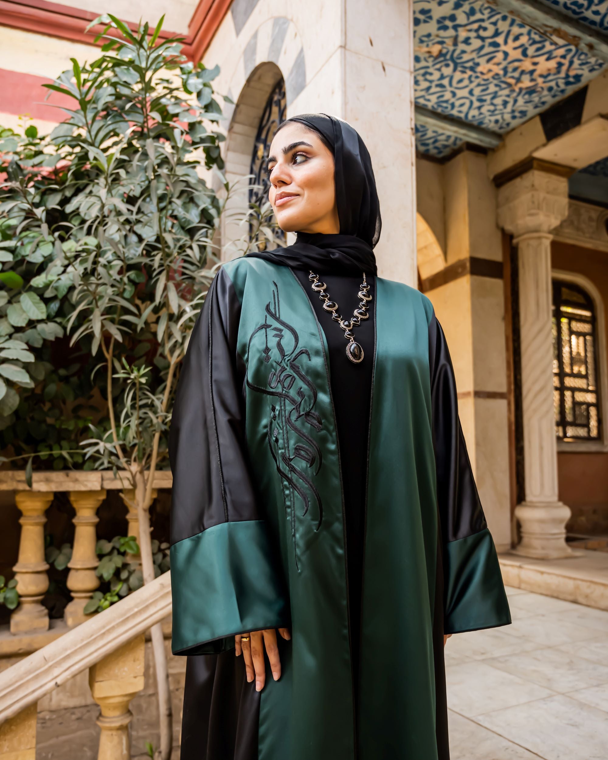 Embroidered Color Block Kaftan-Green – Hijab Boutique