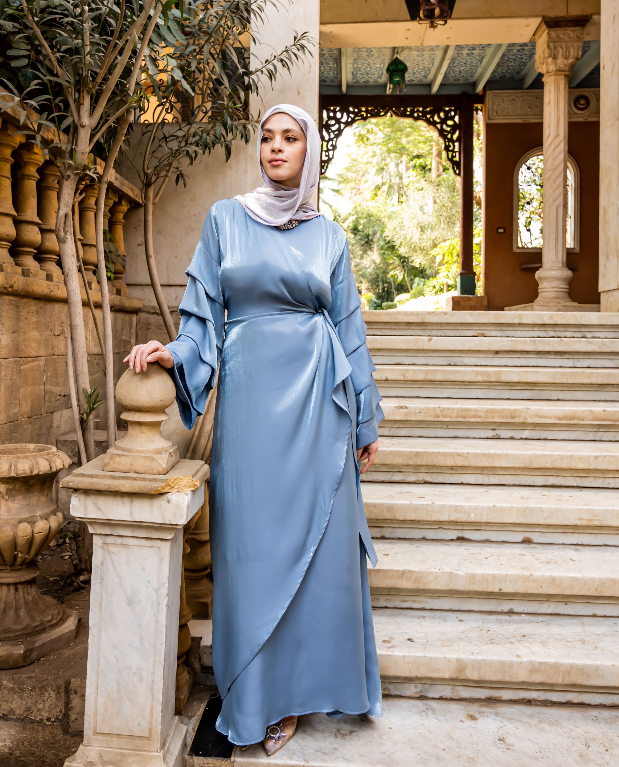 Pleated Sleeves Shimmer Dress-Blue – Hijab Boutique