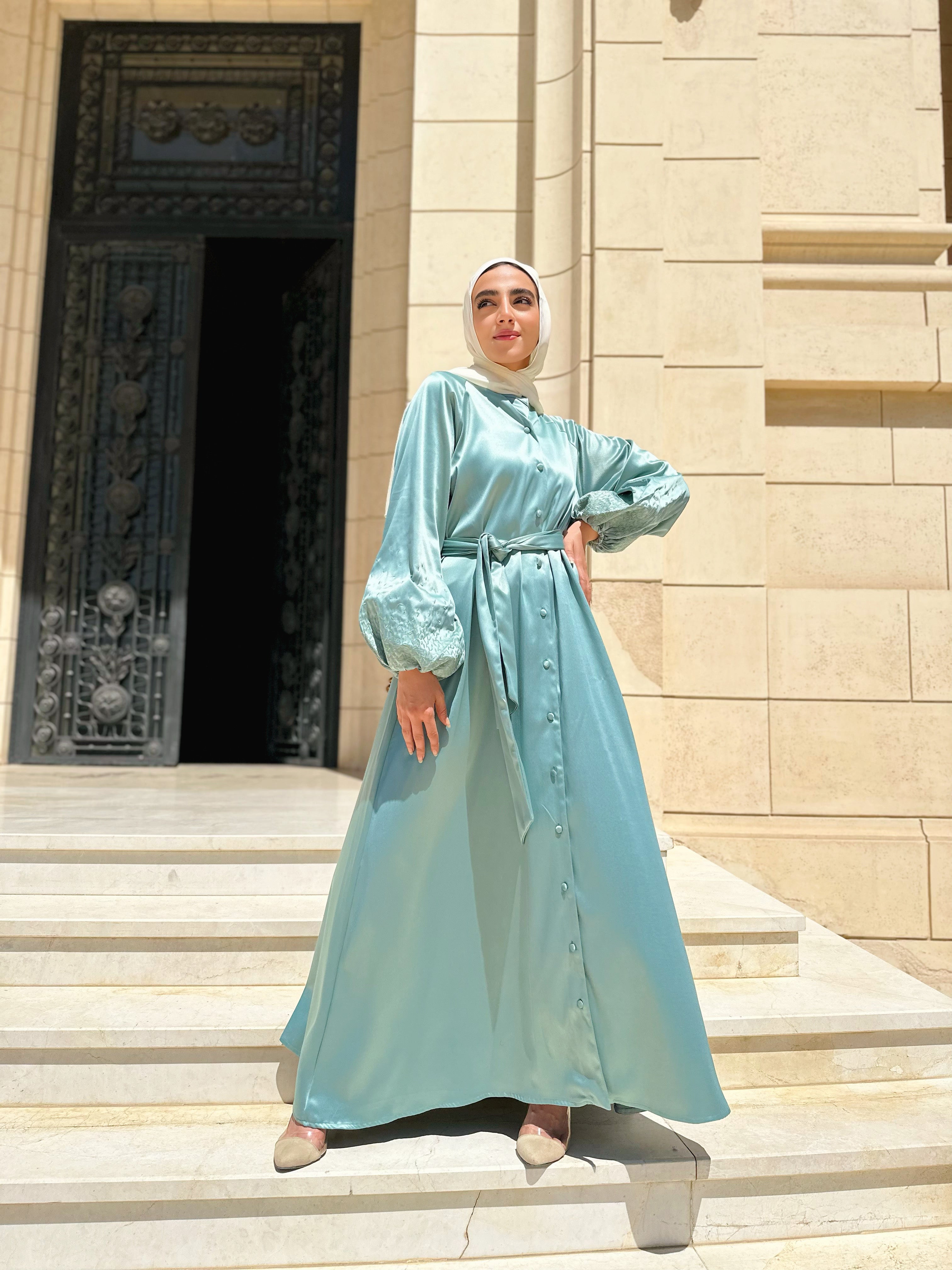 Embroidered Satin Dress-Mint – Hijab Boutique
